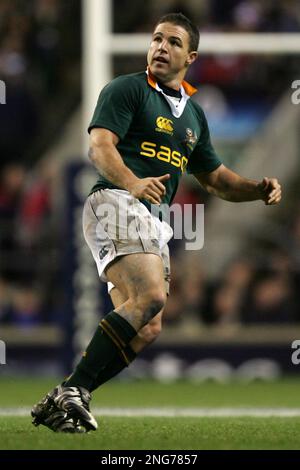 South Africa's Andre Pretorius kicks a penalty during their rugby union ...