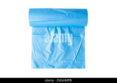 Blue rolls of garbage bin bags isolated on white background with copy ...