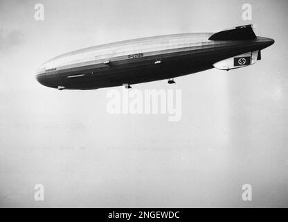 The German dirigible Hindenburg, with the swastika symbol visible on ...