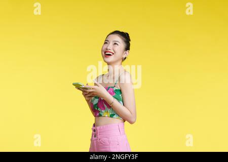 Photo of positive pretty girl beaming smile indicate fingers empty ...