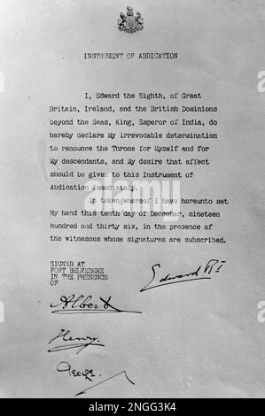Instrument of Abdication signed in 1936 by King Edward VIII and his ...