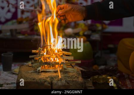 Hindu pooja ritual yagya or yajna, which is fire ceremony performed ...