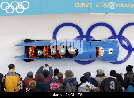 The German bobsled GER-2 piloted by Andre Lange, left, with teammates ...