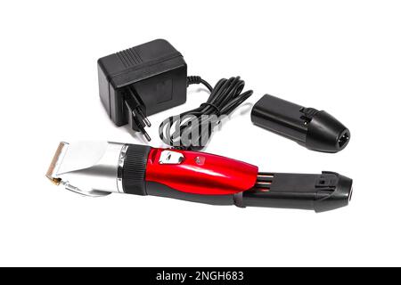 Hair clipper, two replaceable batteries, charger on white background ...
