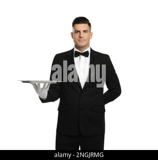 Elegant butler holding silver tray isolated on white Stock Photo - Alamy