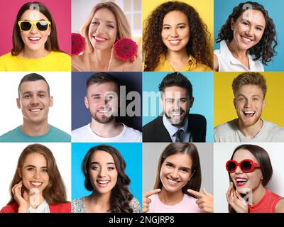 Collage with photos of happy smiling people on different color ...