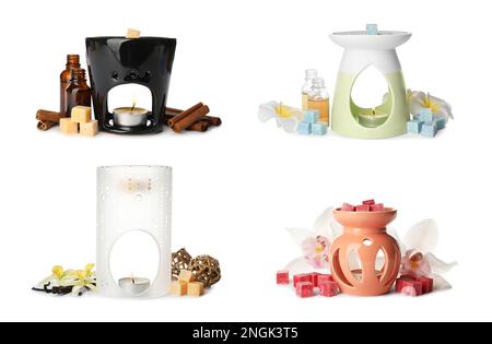 Different stylish aroma lamps with essential wax cubes on white ...