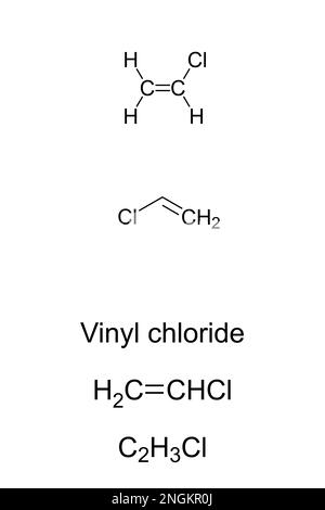 Vinyl chloride, vinyl chloride monomer, VCM, or chloroethene, ball-and-stick model, molecular ...