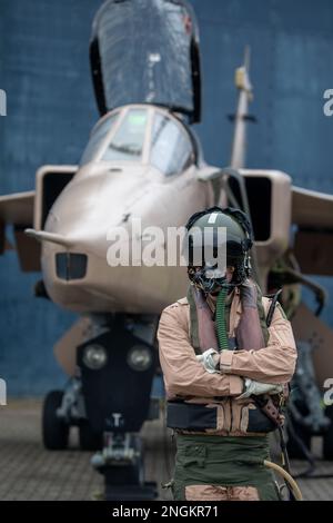 Fighter pilot, RAF, standing with fighter Jet ready for a combat ...
