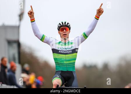 Belgian Laurens Sweeck celebrates as he crosses the finish line to win ...