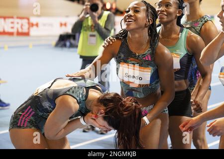 APELDOORN - Demi van den Wildenberg in the 60m sprint on the first day ...