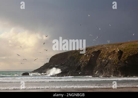 POLDHU COVE DARK DRAMATIC STORMY SKIES WITH POLDHU HOTEL AND HEADLAND ...