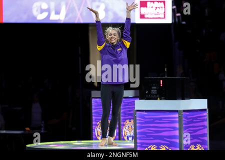 February 3, 2023: LSU's Olivia ''Livvy'' Dunne warms up on the uneven ...