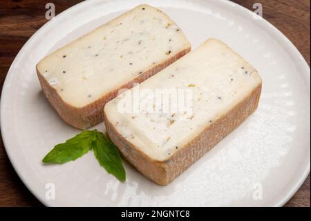 Italian cheese collection, yellow taleggio cheese with black truffles ...
