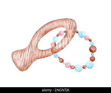 Wooden teether watercolor illustration. Cute hand drawn baby shower ...
