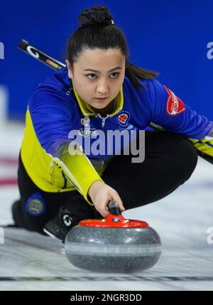Alberta skip Kayla Skrlik delivers a rock while playing Nunavut at the Scotties Tournament of ...