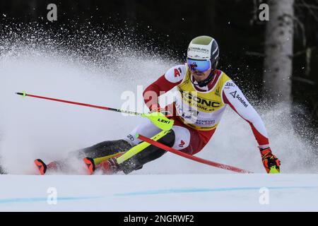 Austria's Manuel Feller speeds down the course during an alpine ski ...