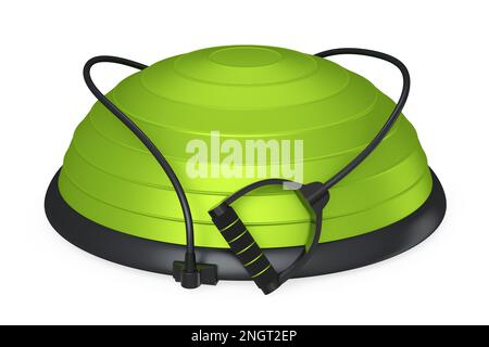 Green fitness ball with hand expander isolated white background. 3d ...