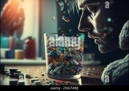 Concept of substance addiction with a central image depicting turmoil, grappling with the ...