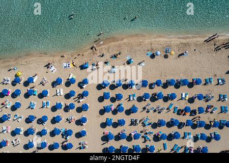 Umbrellas on Fig Tree beach in Protaras resort in Famagusta District ...