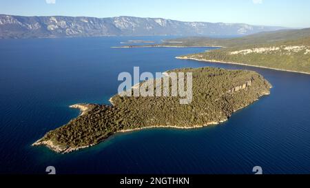 Aerial view of Karaca Island, Marine Protected Area Gokova Bay Mugla ...