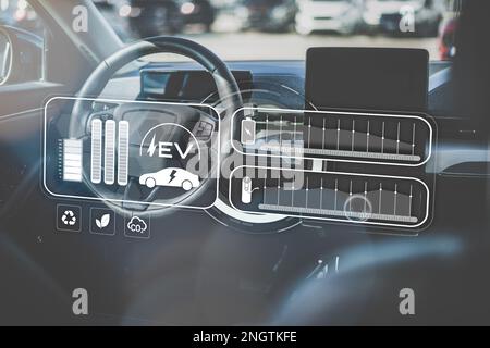 New EV car interior. Display shows charging hybrid battery of electric ...
