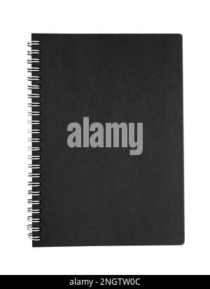 closed notebook cover with metal spiral and black blank pages isolated ...