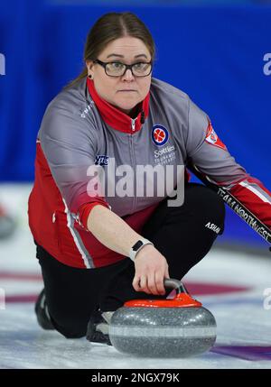 Northwest Territories skip Kerry Galusha delivers a rock while playing ...
