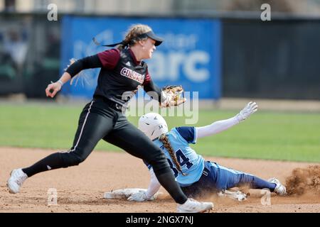 Rhode Island's Hannah Hernandez (34) runs to first base during an NCAA ...