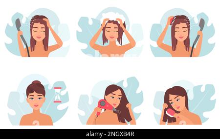 Hair care routine. Girl with long dark hair, washing, drying, combing ...