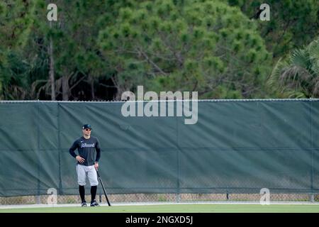 Miami Marlins manager Skip Schumaker laughs during spring training ...