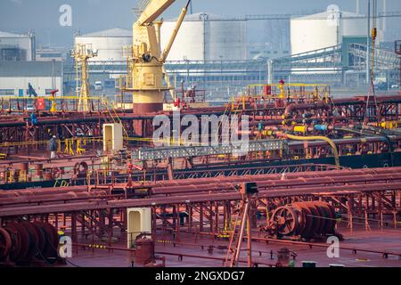 The crude oil tanker HOJO, in the seaport of Rotterdam, in the ...