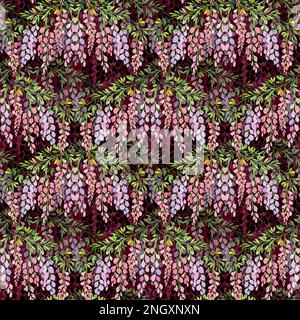 wisteria flowers seamless pattern on blue background, watercolor ...