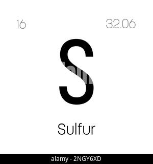 Sulfur, S, periodic table element with name, symbol, atomic number and ...