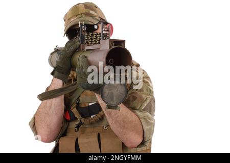 special forces operator fire RPG rocket launcher isolated on white ...