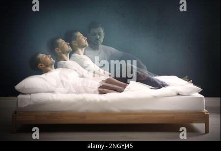 Somnambulist rising from bed near dark wall indoors, multiple exposure ...