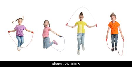 Cute happy children with jumping ropes on white background, collage ...