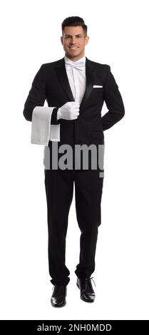 Handsome butler with towel on white background Stock Photo - Alamy