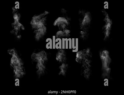 White steam columns rising on black background, collage. Banner design ...