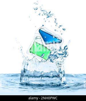Laundry capsule and splashing water on white background. Detergent pod ...