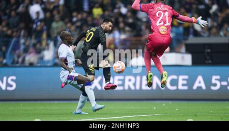 Lionel Messi scores during the Riyadh All-Star XI vs Paris Saint-Germain FC at King Fahd Stadium ...
