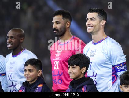 Cristiano Ronaldo smiles prior the Riyadh All-Star XI vs Paris Saint ...