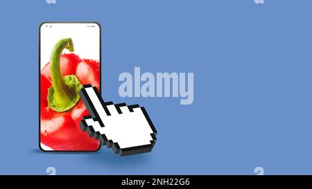 Hand cursor clicking on fresh vegetables on smartphone screen, online ...
