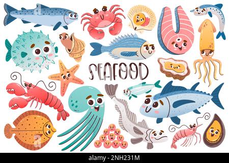 Cute seafood collection with cartoon faces. Isolated doodle cliparts ...