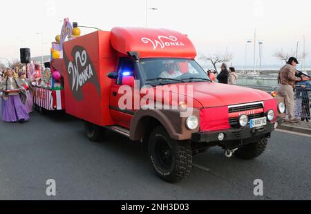 Evening carnival parade with a Willy Wonka themed float in the Spanish ...