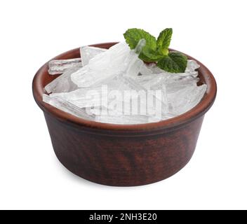 Menthol crystals and mint leaves on white background, top view Stock ...