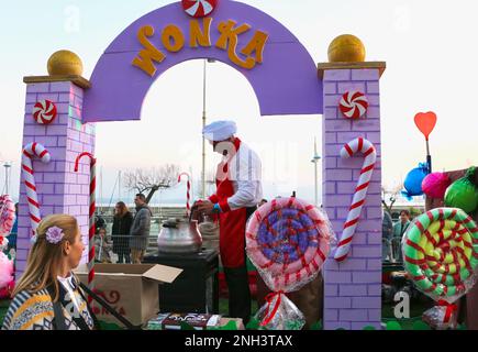 Evening carnival parade with a Willy Wonka themed float in the Spanish ...