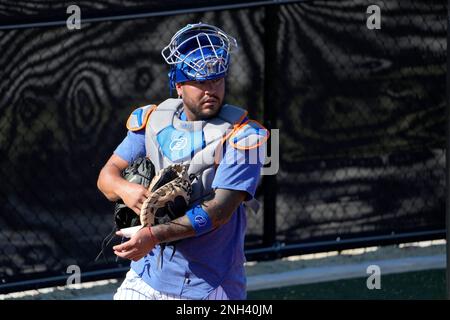 New York Mets catcher Omar Narvaez walks with his bag during spring ...