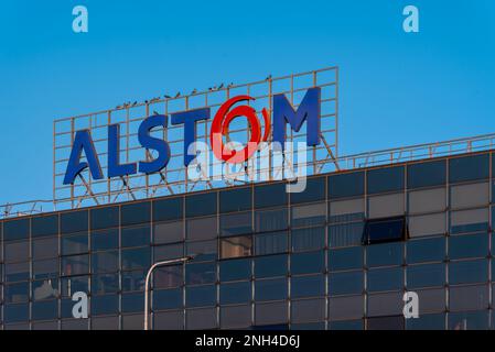 Logo on the headquarters of Alstom, a French multinational company ...