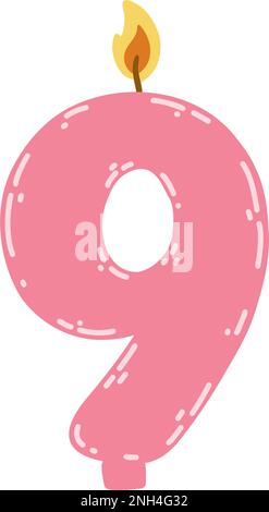 Candle number nine in flat style. Hand drawn vector illustration of 9 ...